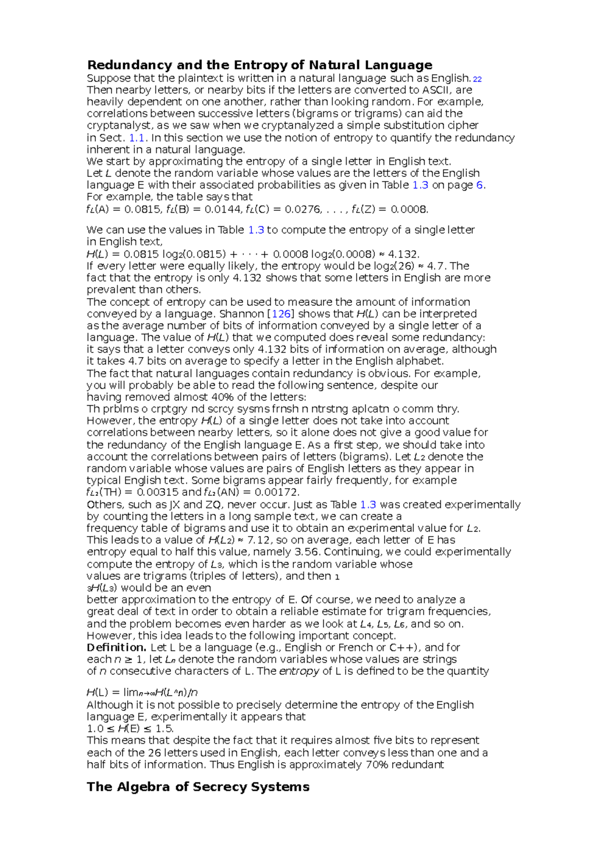 Redundancy and the Entropy of Natural Language - 22 Then nearby letters ...