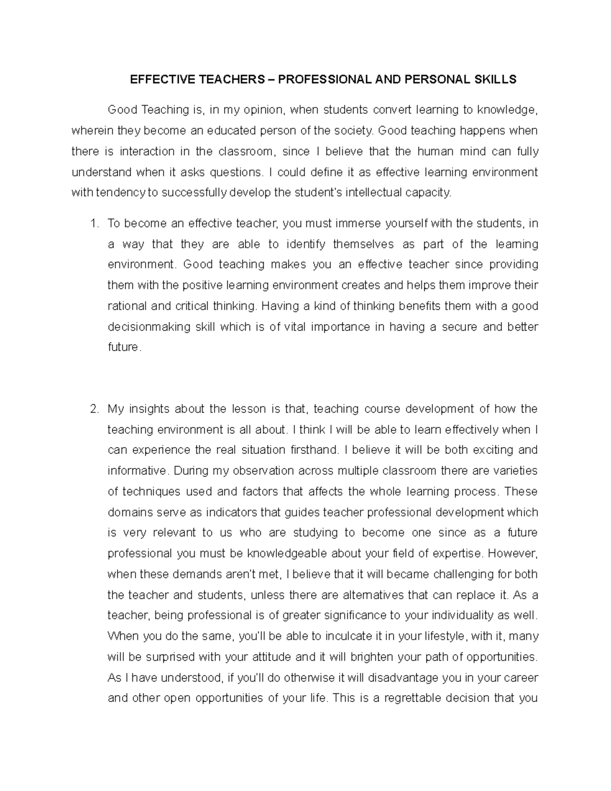 EFFECTIVE TEACHERS – PROFESSIONAL AND PERSONAL SKILLS - Good teaching ...
