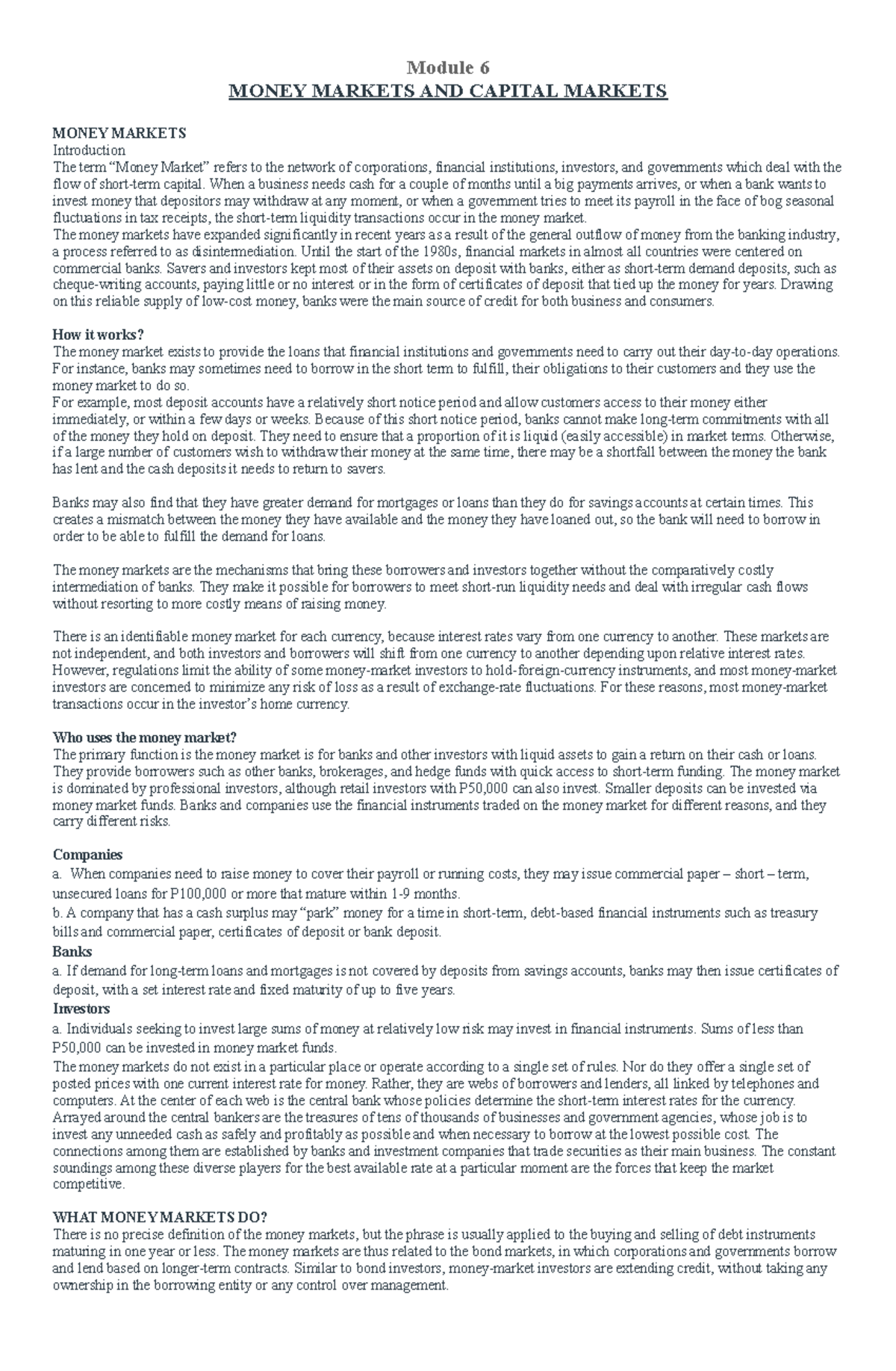 Finmar Module 6 - Help students in FinMan - Module 6 MONEY MARKETS AND ...