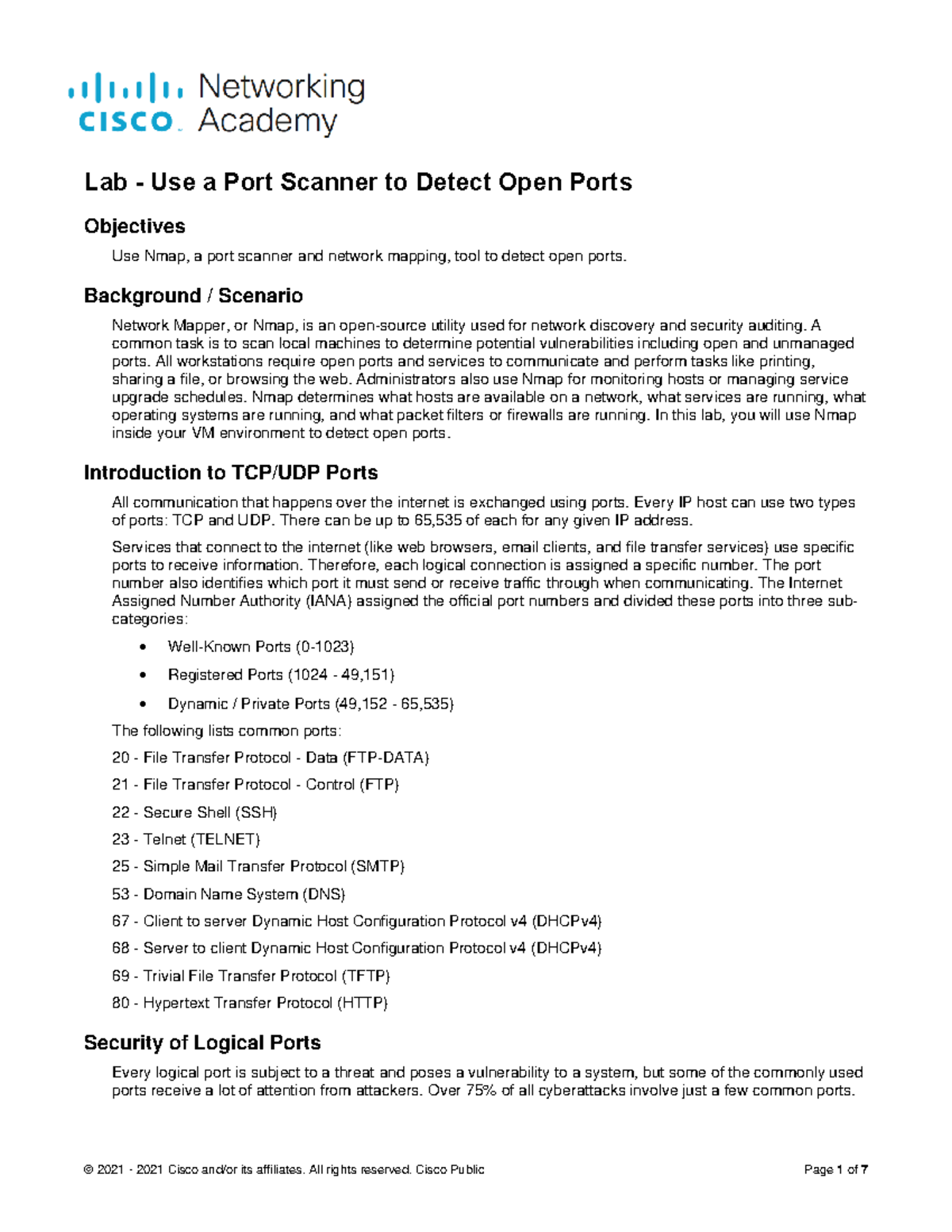 1.2.10 Lab - Use a Port Scanner to Detect Open Ports - Answer Key - Objectives Use Nmap, a port ...