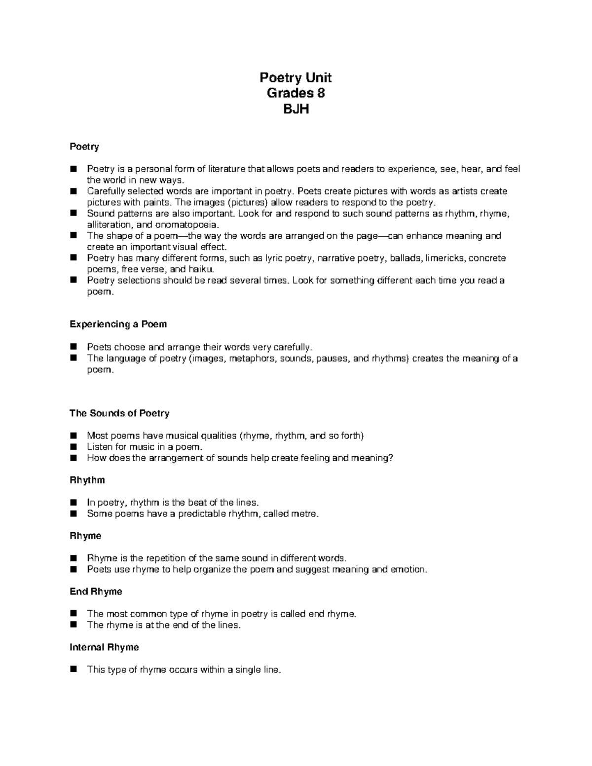 Grade 8 poetry unit 2016 rev - Poetry Unit Grades 8 BJH Poetry Poetry ...