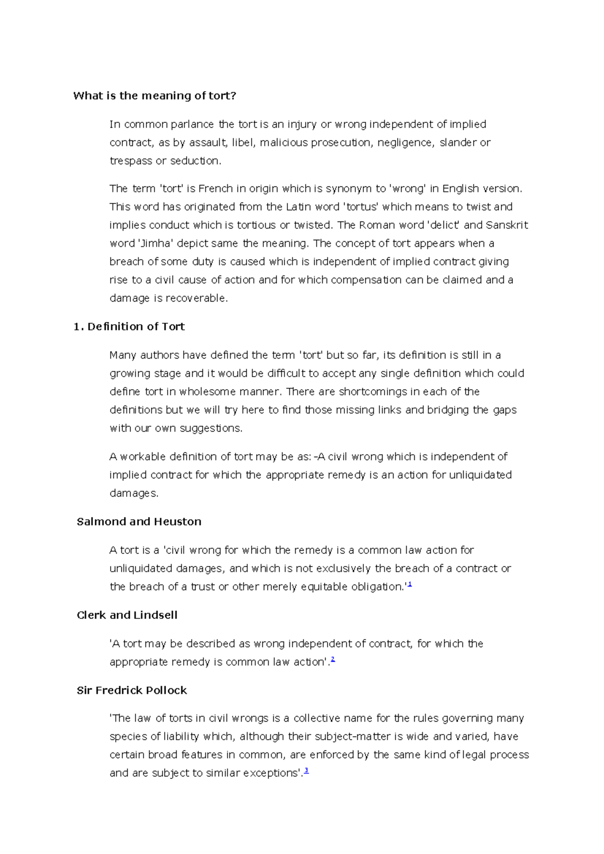 What is the meaning of tort - The term 'tort' is French in origin which ...