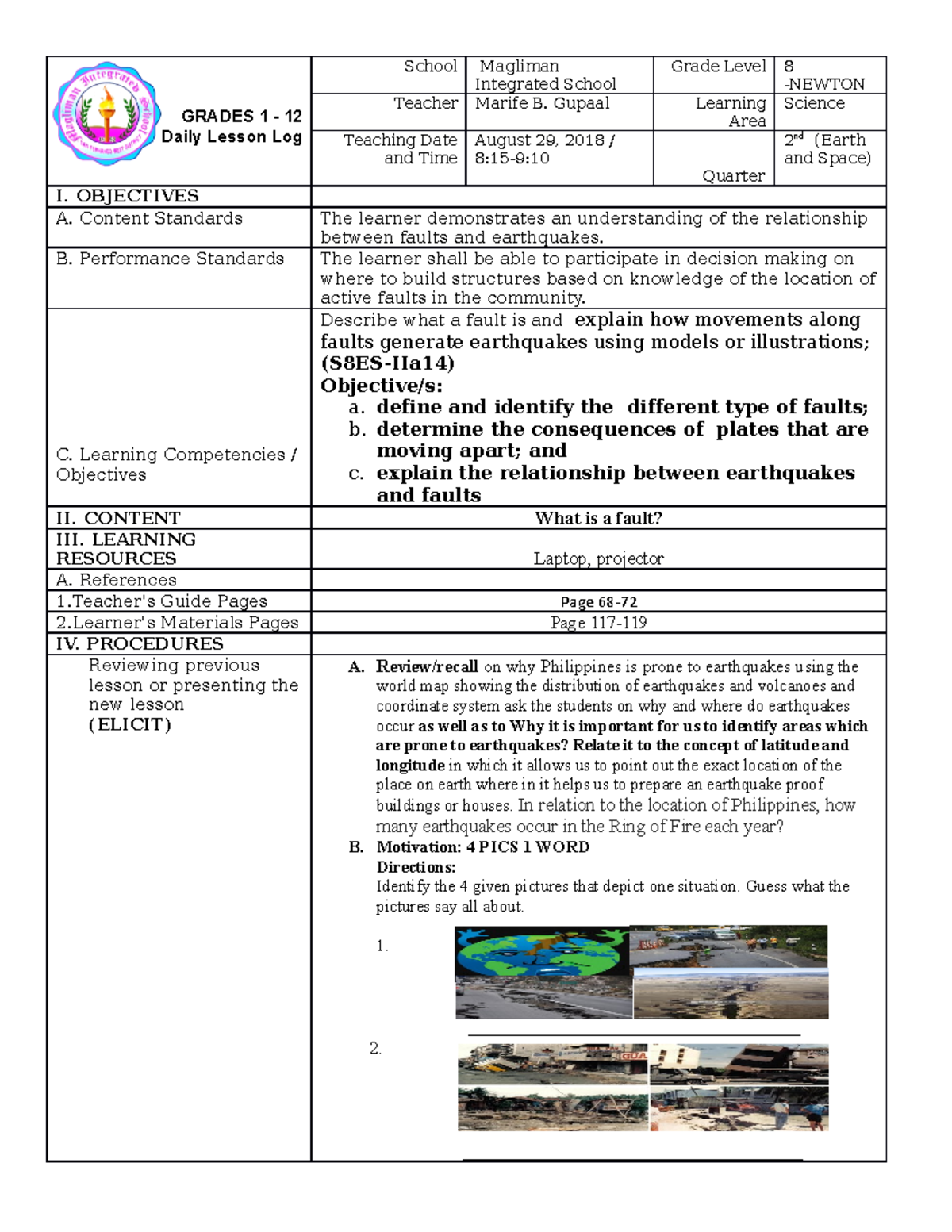 399107441 1ST DLP Earthquakes AND Faults docx - GRADES 1 - 12 Daily ...