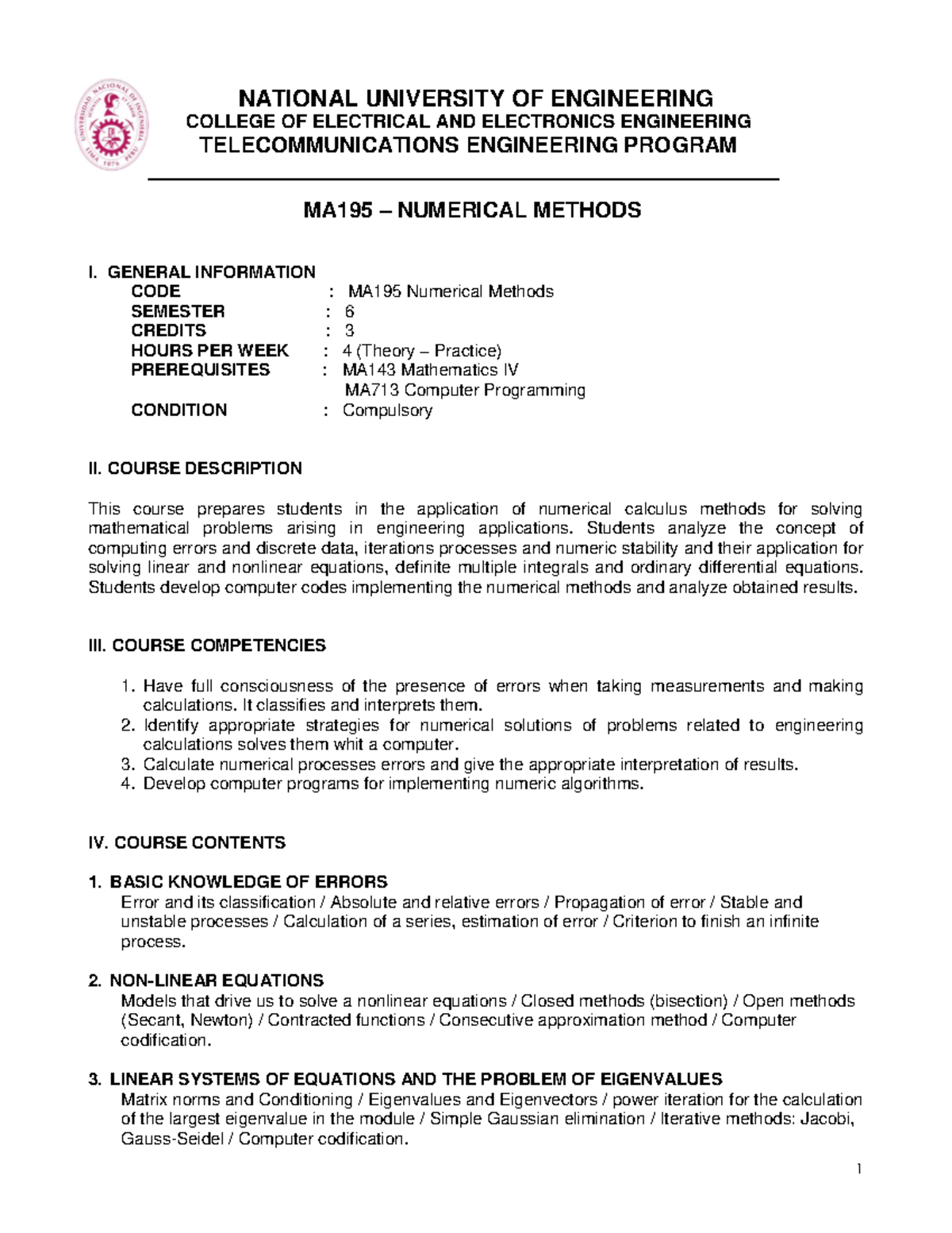 L305 MA195 Numerical Methods - 1 NATIONAL UNIVERSITY OF ENGINEERING ...