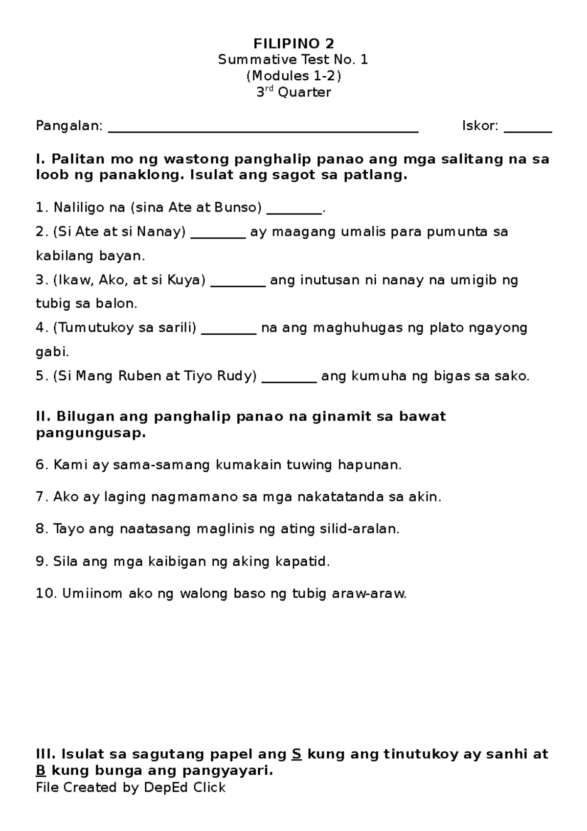 FIL2 ST1 Q3 - dlp - FILIPINO 2 Summative Test No. 1 (Modules 1-2) 3 rd ...
