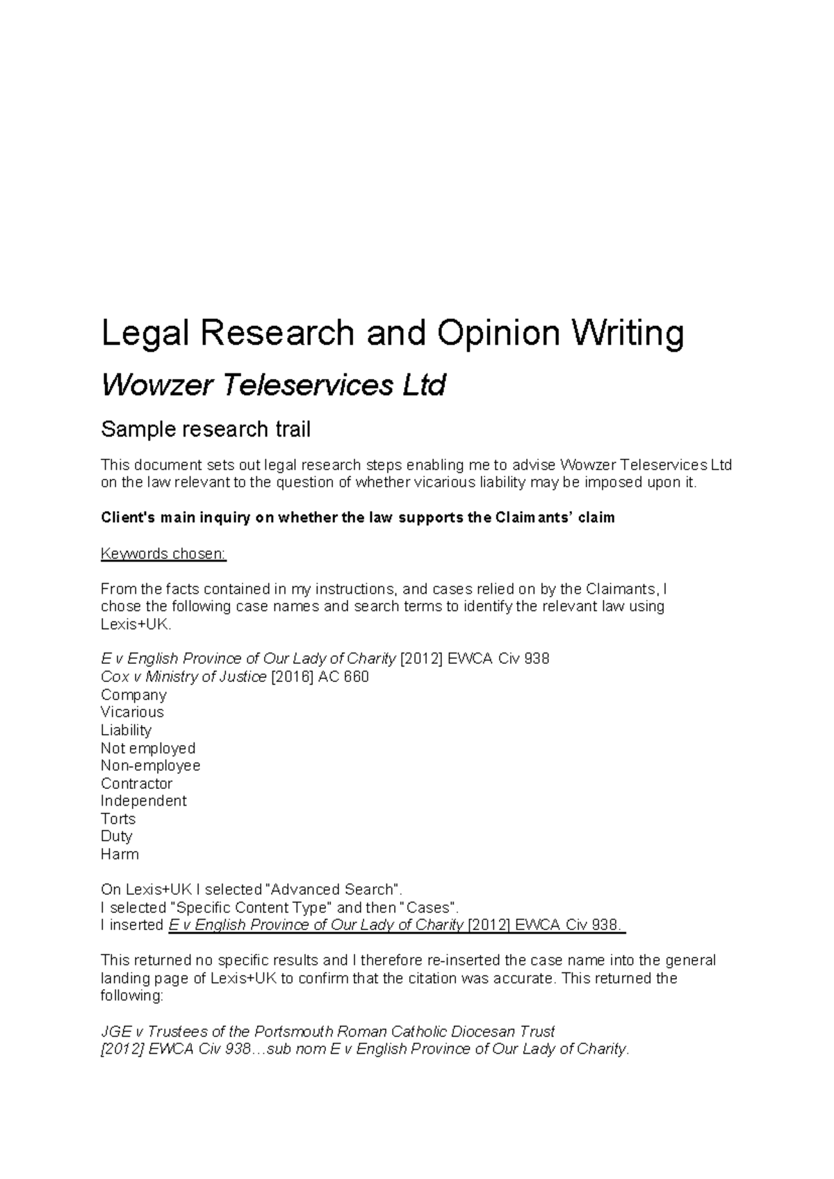 Wowzer LRT - Legal Research and Opinion Writing Wowzer Teleservices Ltd ...