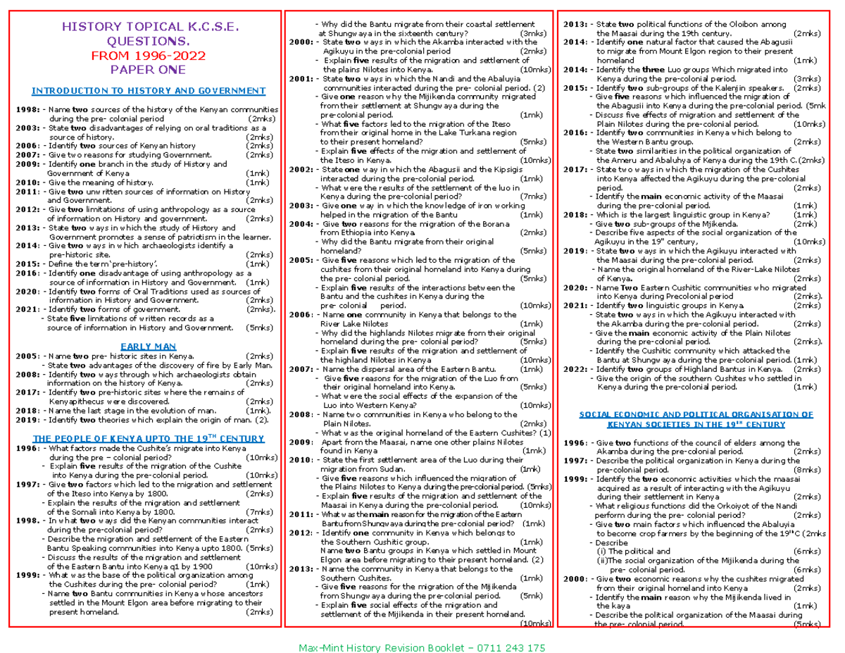 History KCSE PP1 Topical Questions from 1996-2022 - HISTORY TOPICAL K.C ...