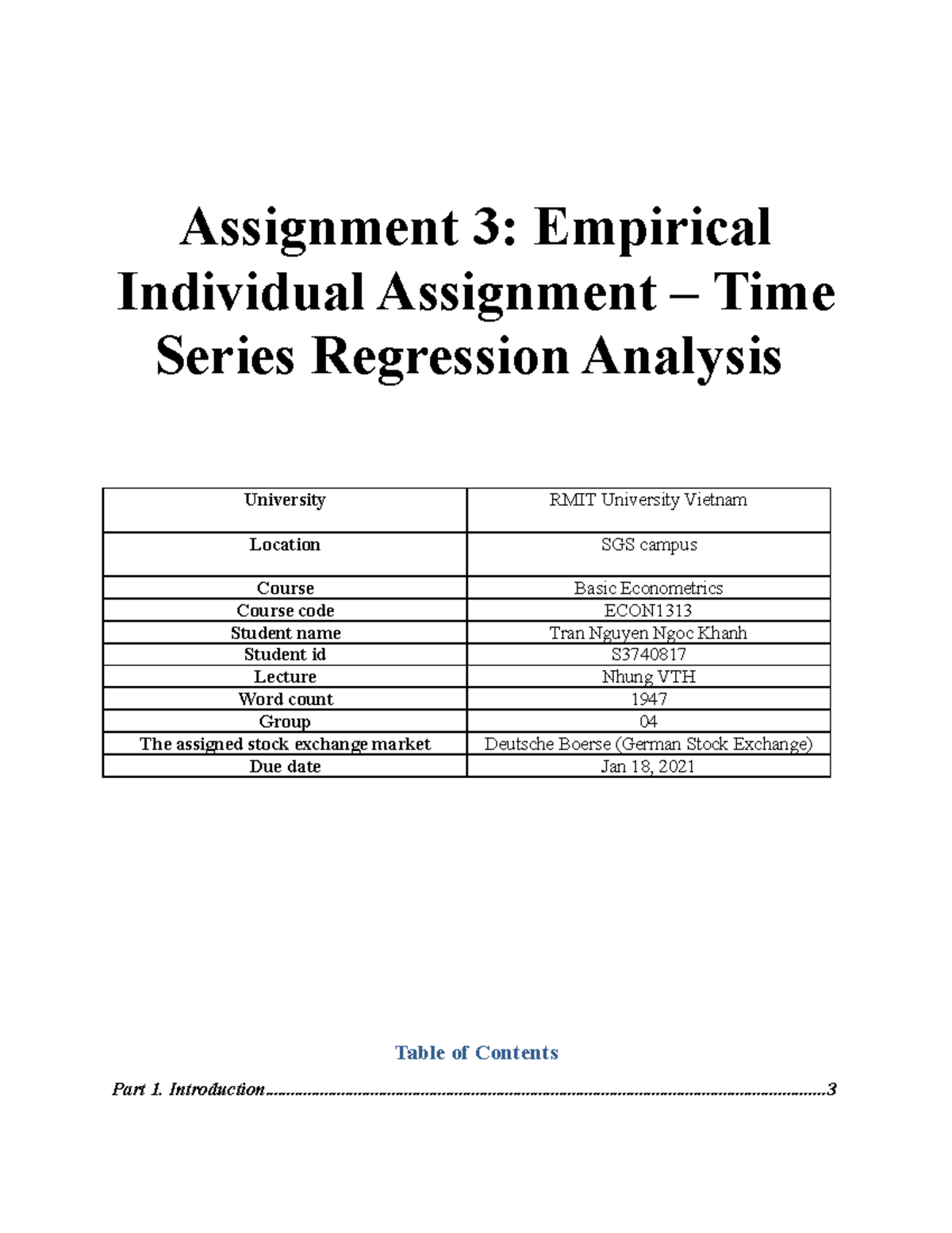 BE sample - assignment work - Assignment 3: Empirical Individual Assignment – Time Series ...