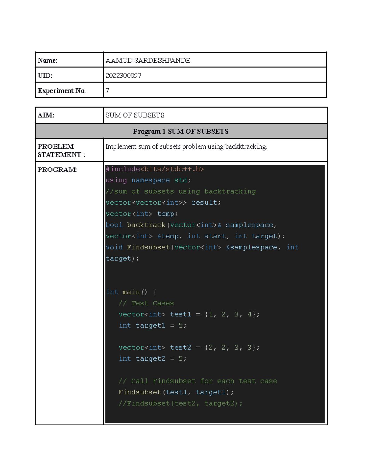 DAA 7 - COMP SCI - Name: AAMOD SARDESHPANDE UID: 2022300097 Experiment ...