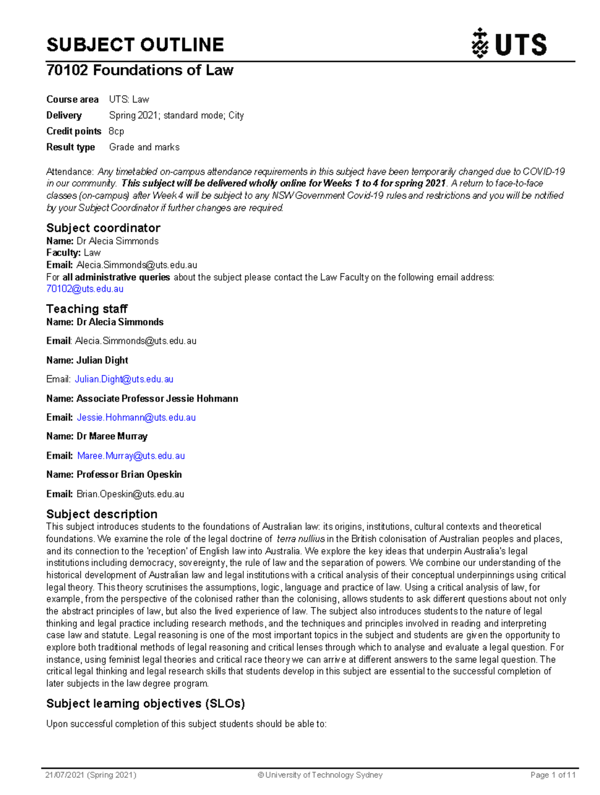 Foundations of Law Unit Outline - SUBJECT OUTLINE 70102 Foundations of ...