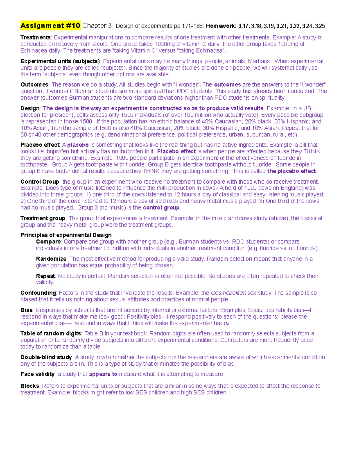 Ua Stat Assignment 10 Homework With Notes On The Chapter Assignment 10 Chapter 3 Design Of