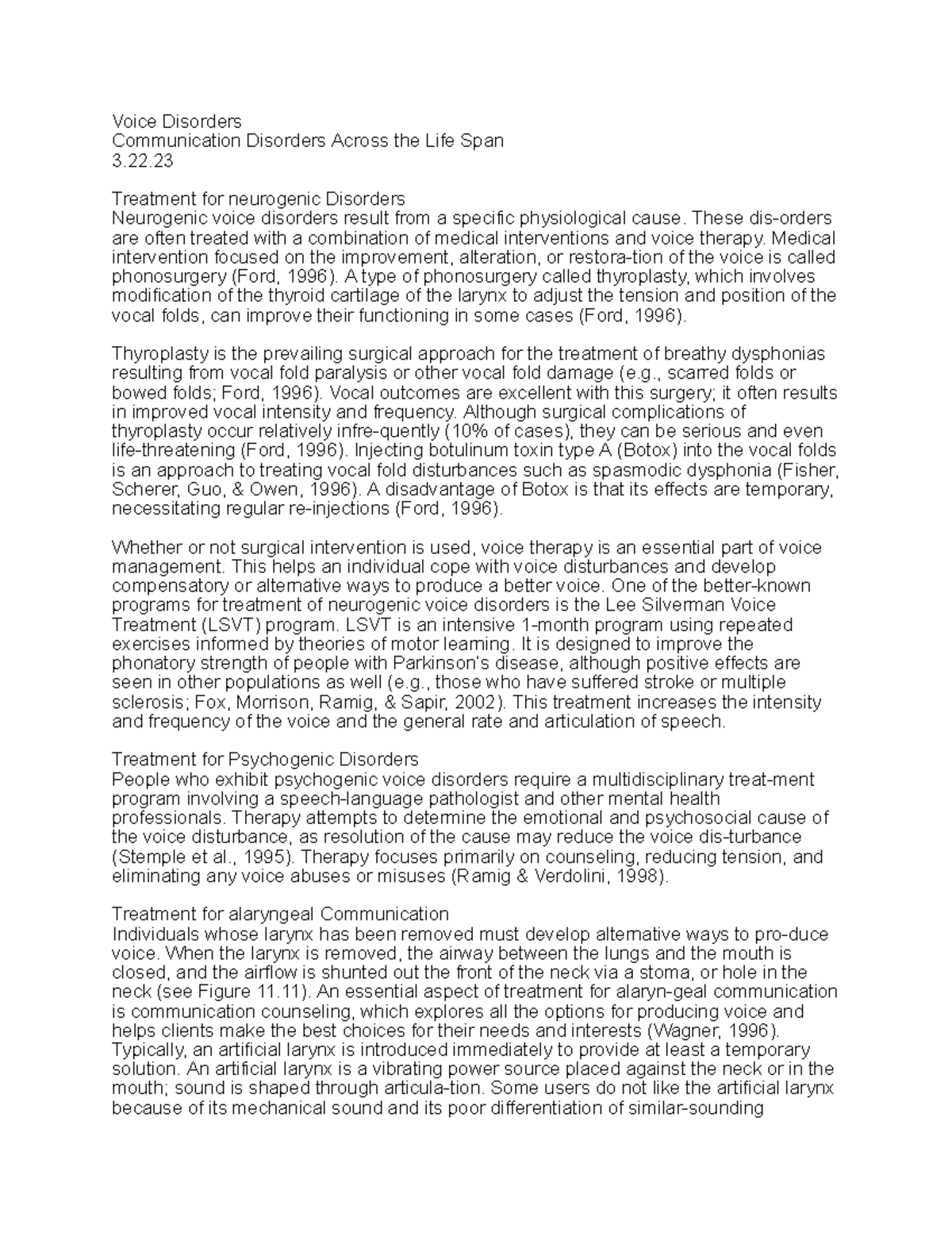 Communication Disorders Across the Life Span - Voice Disorders ...