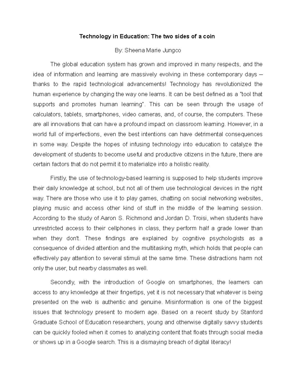 Argumentative Essay about Academics - Technology in Education: The two ...