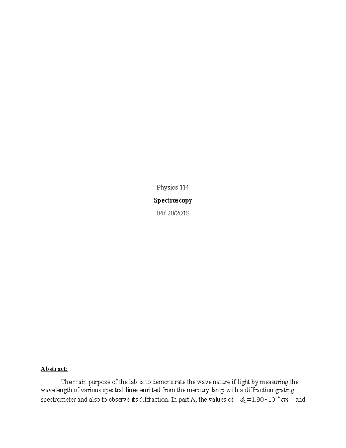 Phy 114 SPEC - Practical notes - Physics 114 Spectroscopy 04/ 20/2018 ...