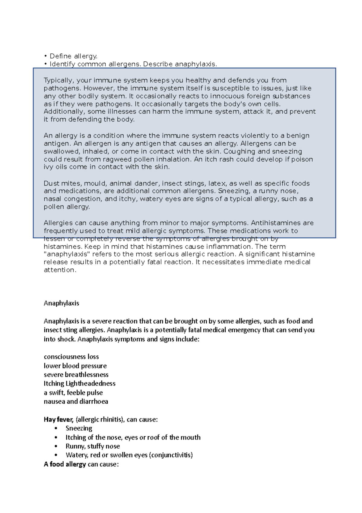 Allergies - Anatomy notes - • Define allergy. • Identify common ...