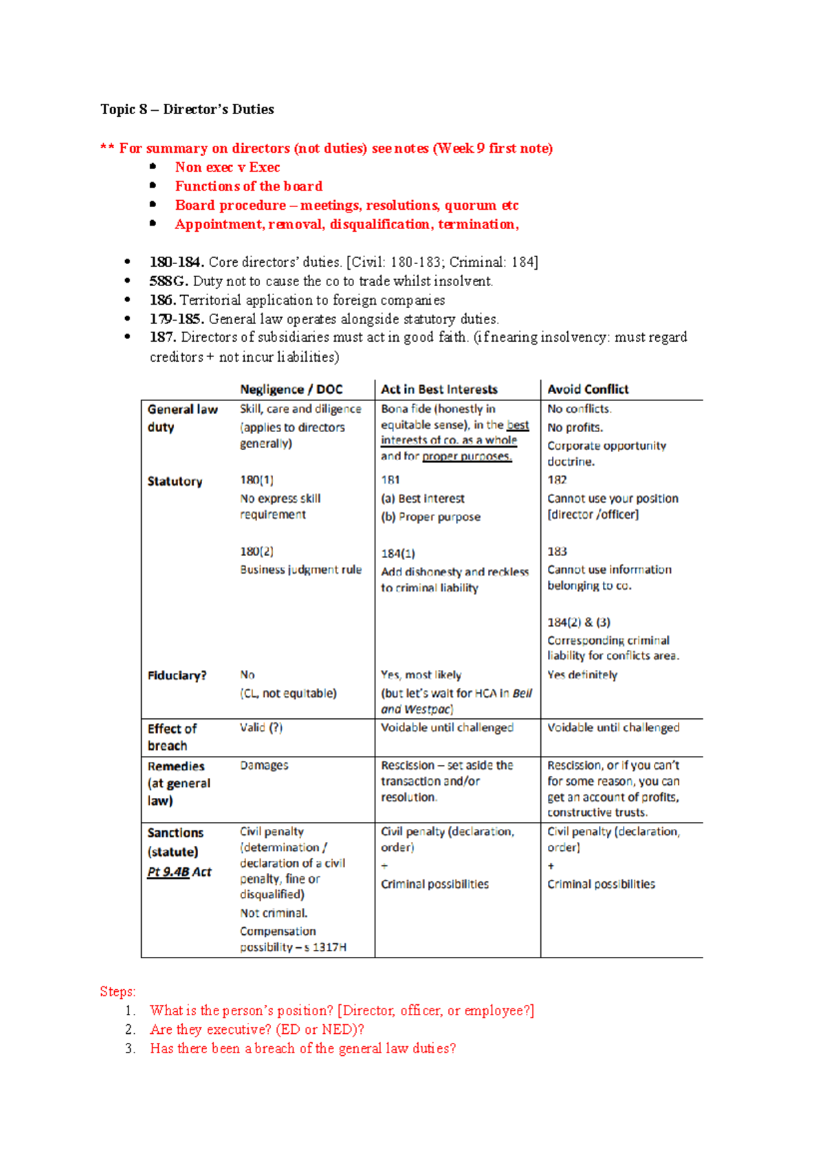 Topic 8 - Exam Notes - Topic 8 – Director’s Duties ** For summary on ...