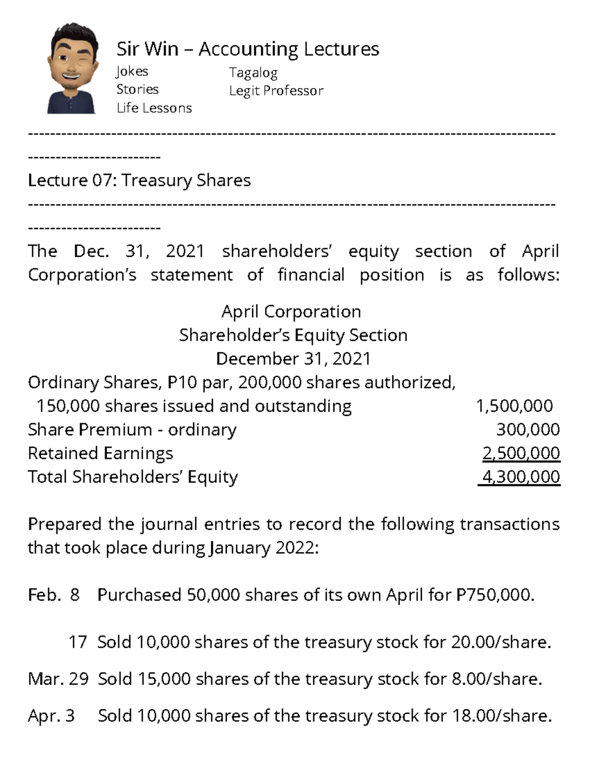 Lecture 07 Treasury Shares - Sir Win – Accounting Lectures Jokes ...