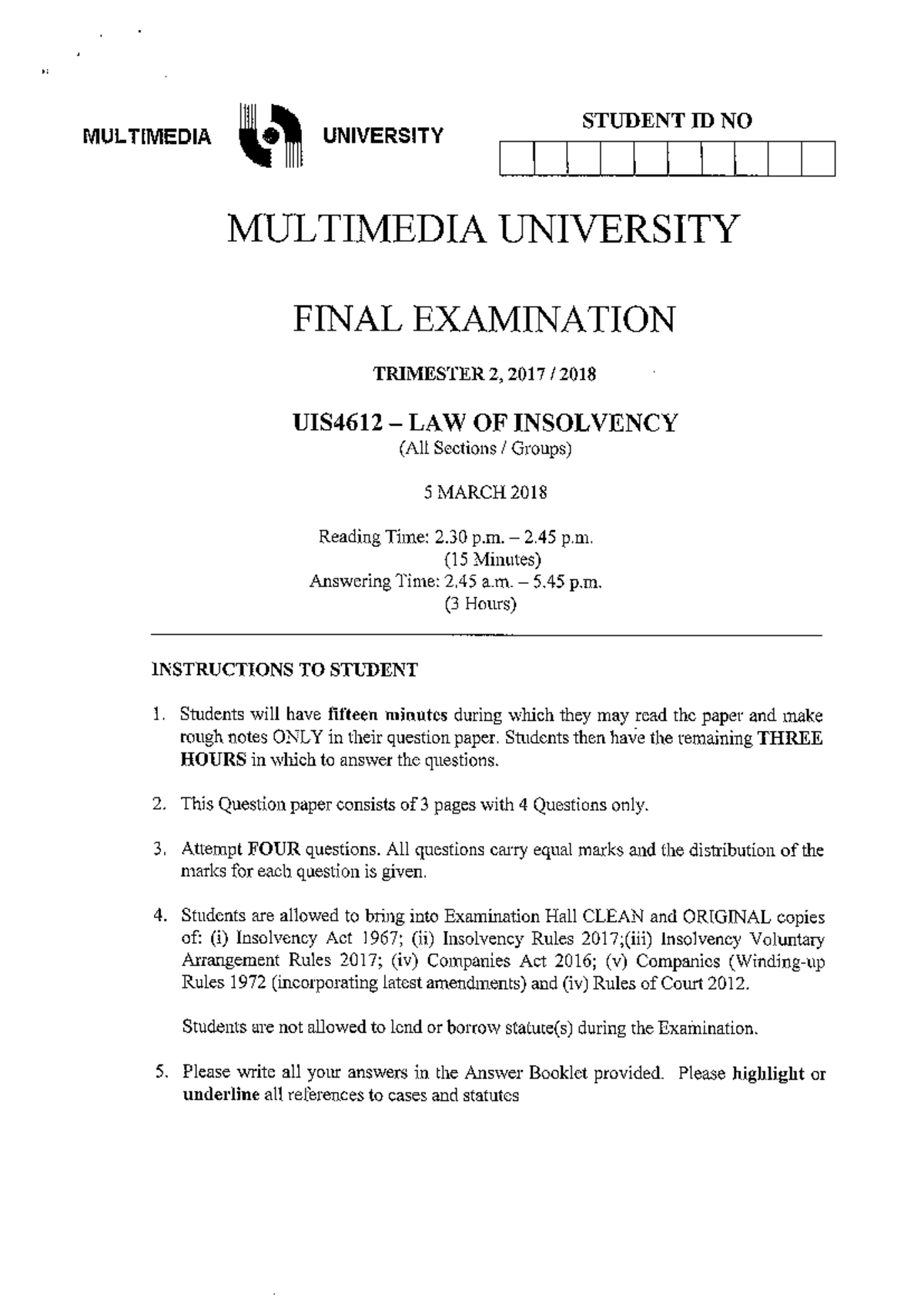 Exam Questions 2017/2018 - Law of Insolvency - Studocu