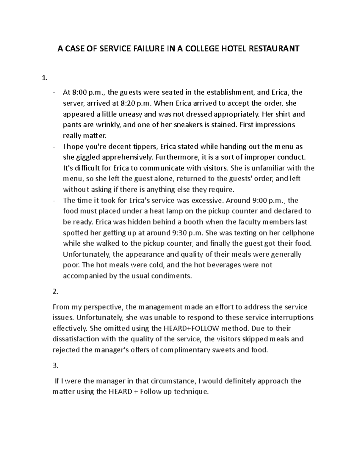 Hos 122 ( Case Study) - A CASE OF SERVICE FAILURE IN A COLLEGE HOTEL ...
