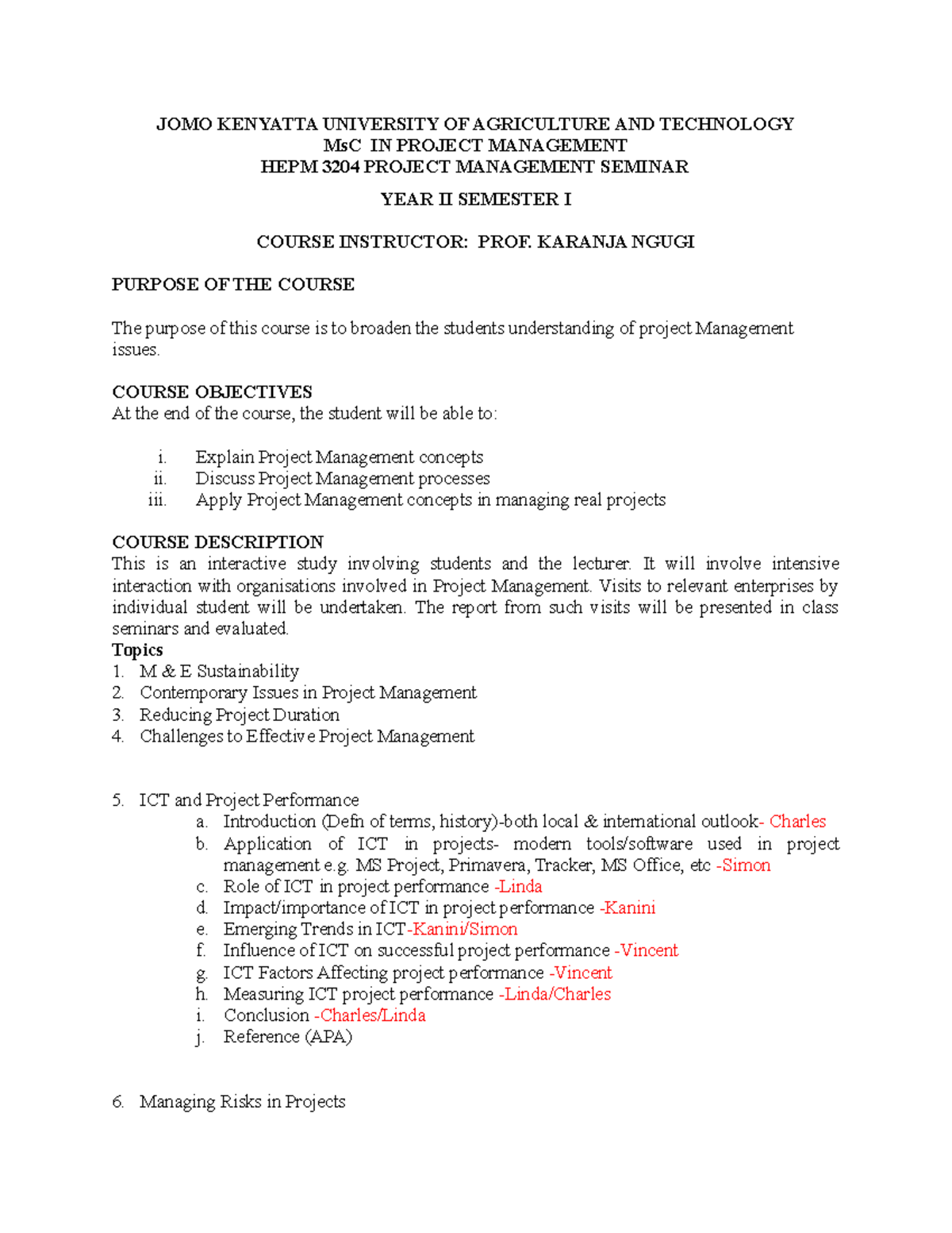 Course Outline Project Seminar - JOMO KENYATTA UNIVERSITY OF ...