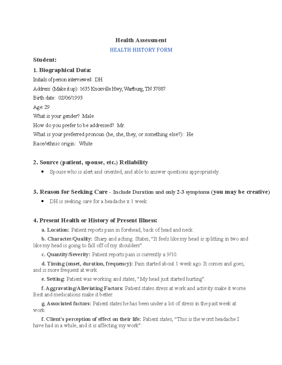 Heath History Form - Health Assessment HEALTH HISTORY FORM Student: 1 ...
