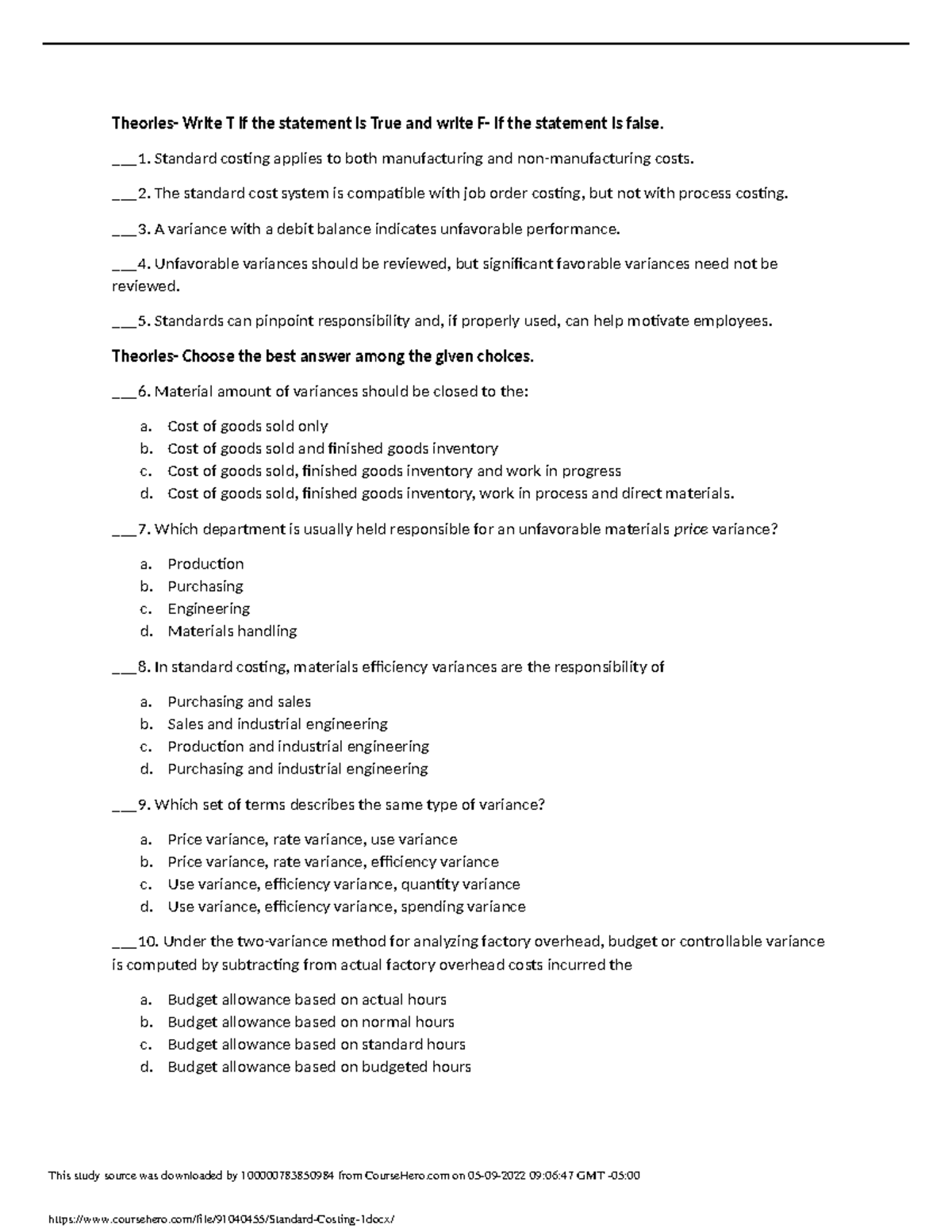 Standard Costing 1 dfsdfsd - Theories- Write T if the statement is True ...