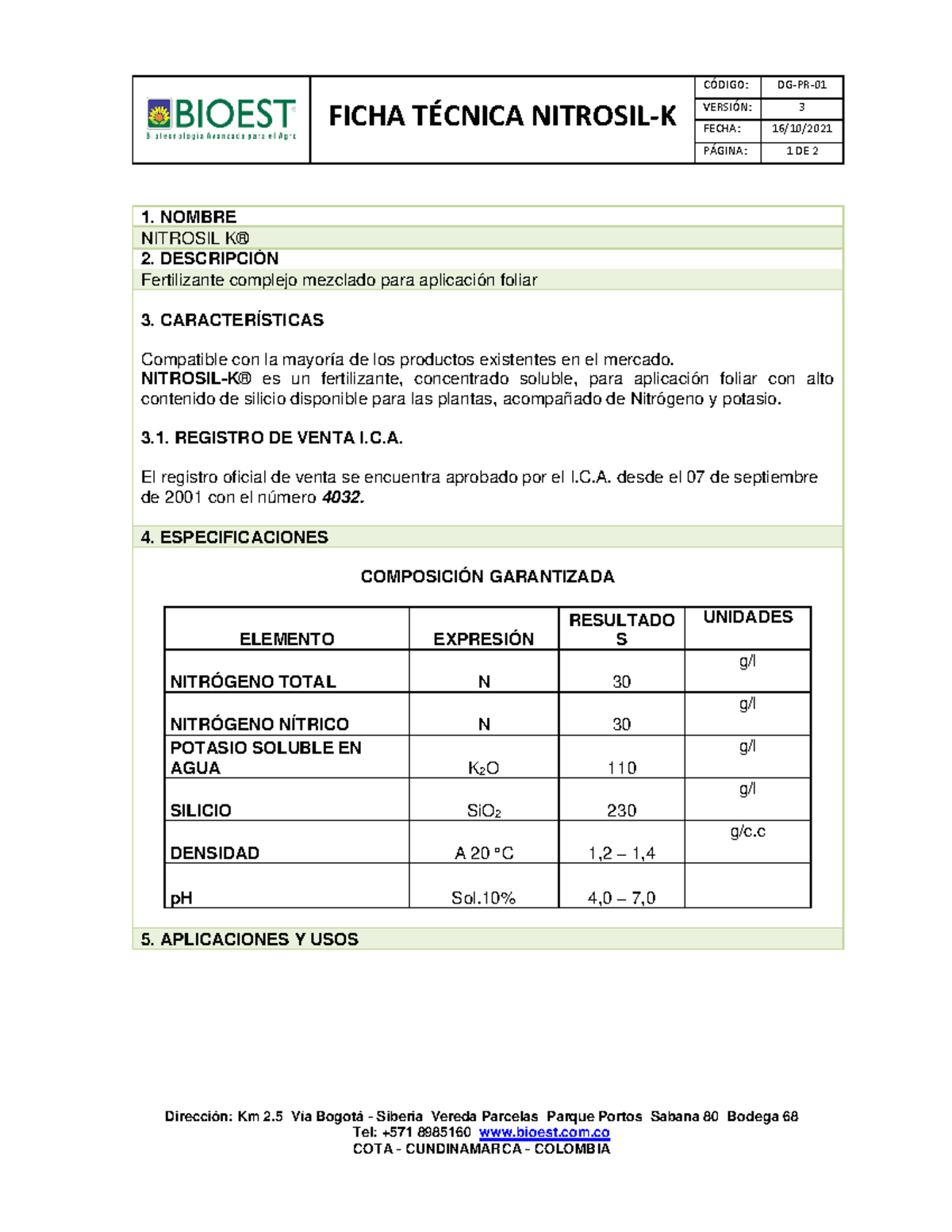 Nitrosil K -HS - 2222222222 - FICHA TÉCNICA NITROSIL-K CÓDIGO: DG-PR ...