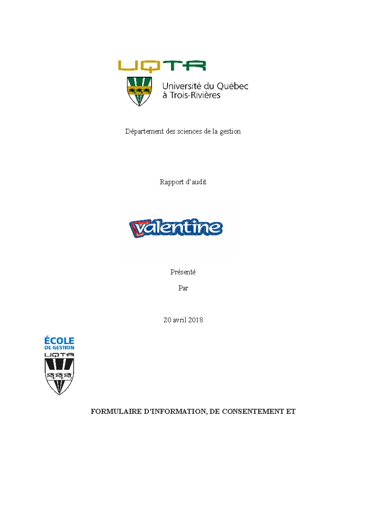 Rapport d'audit Valentine - Département des sciences de la gestion ...