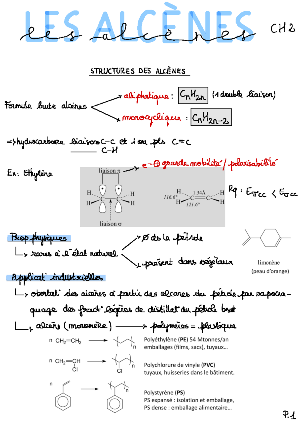 Chimie ORGA- Les Alcènes - essalines CH STRUCTURES DES ALCENES ...