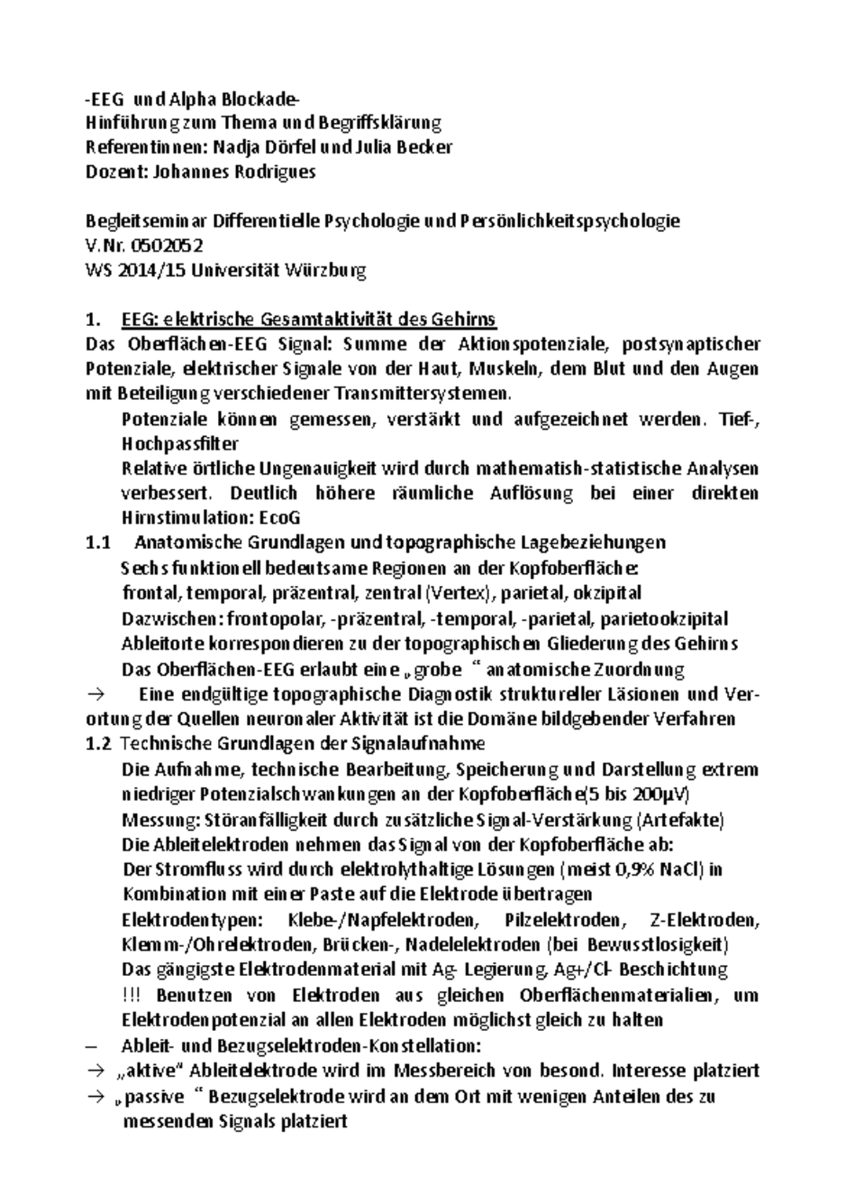 Handout EEG und Alpha Blockade -EEG und Alpha Blockade- Hinführung zum ...