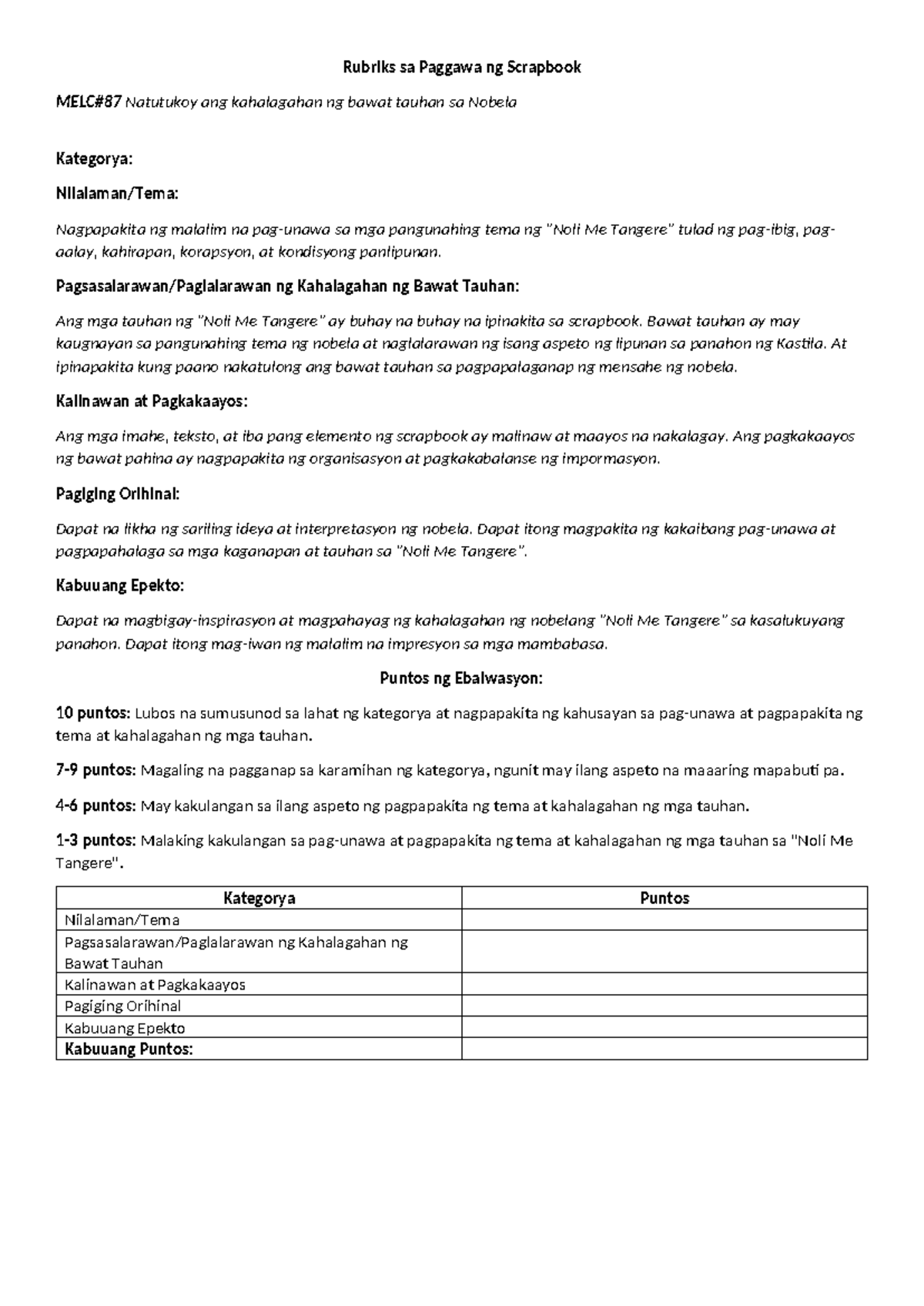 Rubriks sa Paggawa ng Scrapbook - Rubriks sa Paggawa ng Scrapbook MELC ...