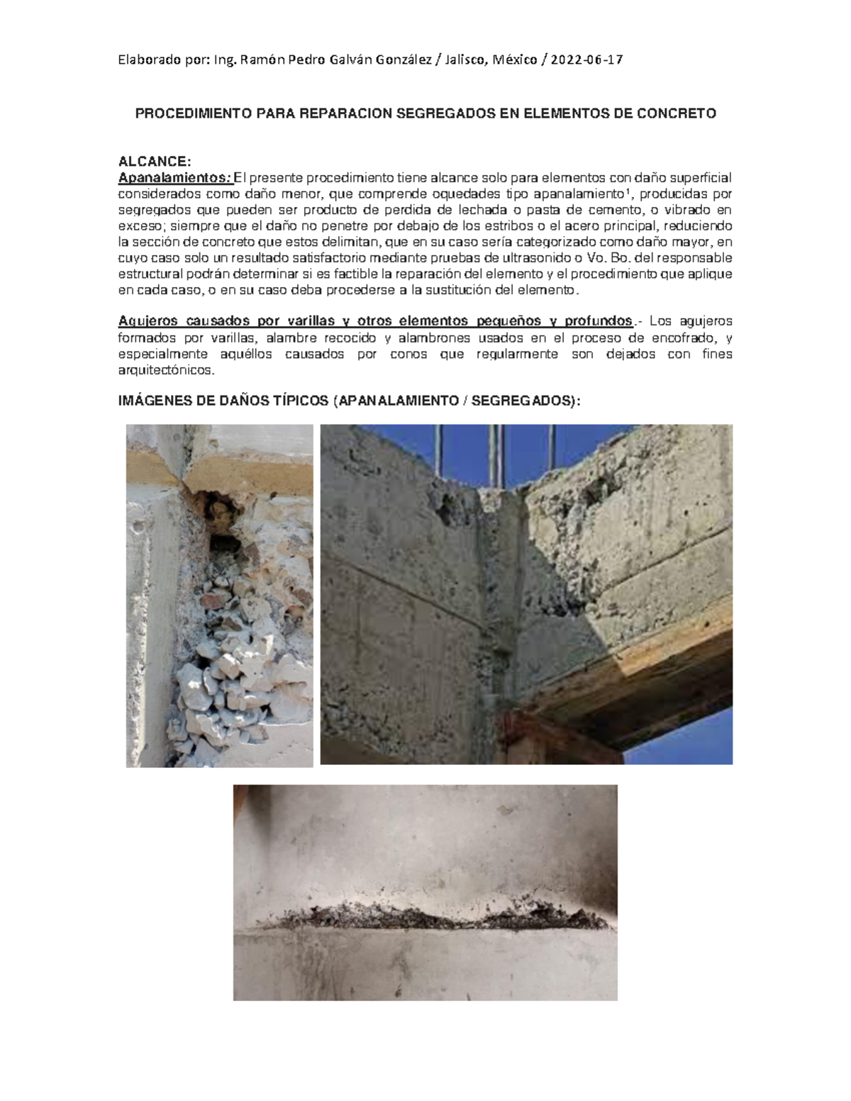 Procedimiento para reparaciones en concretos PGG Rev - Elaborado por: Ing. RamÛn Pedro Galv·n ...