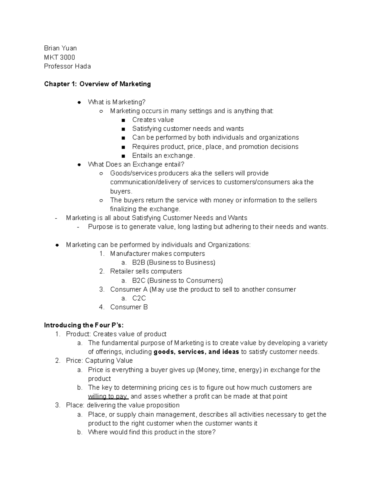 Marketing quiz exam 1 review - Brian Yuan MKT 3000 Professor Hada ...