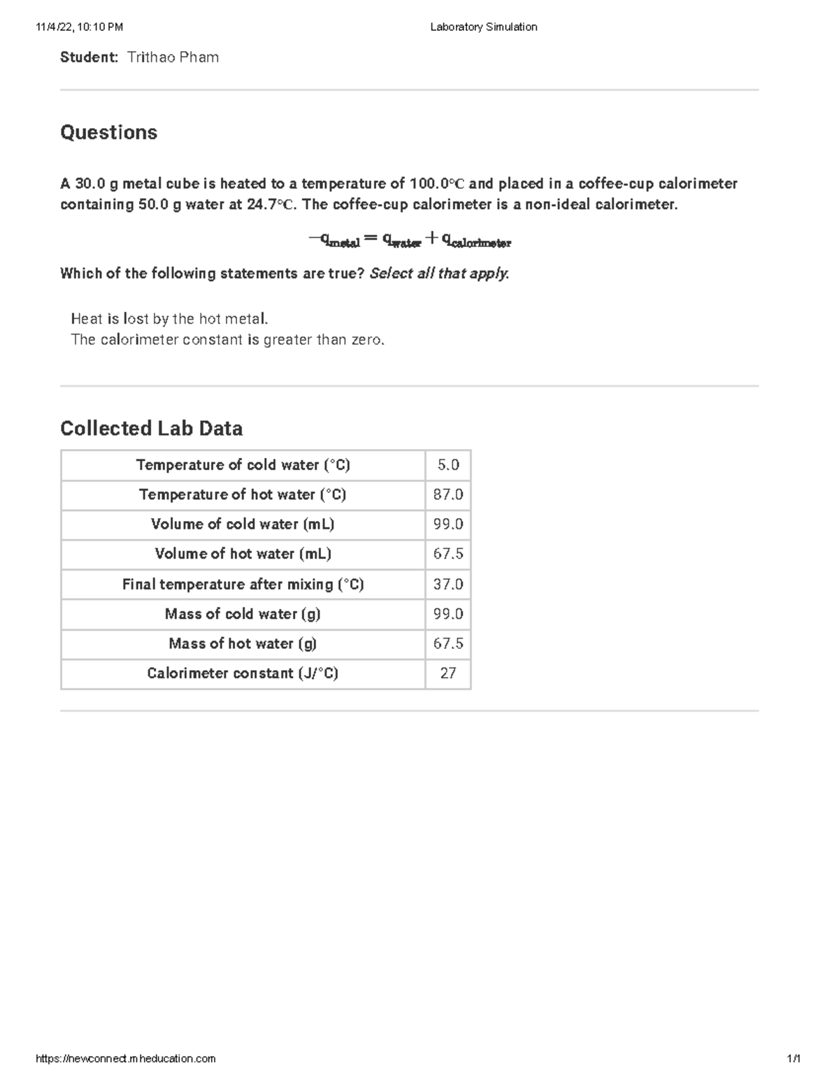Calorimetry - Heat Capacity of a Calorimeter - 11/4/22, 10:10 PM ...