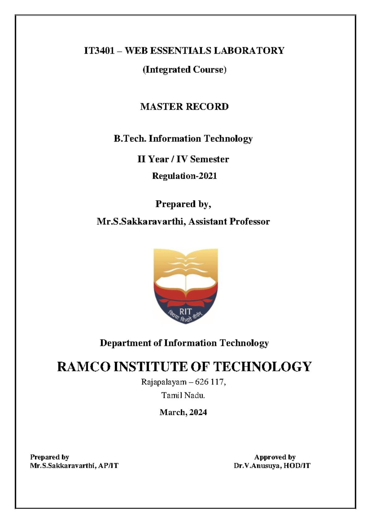 Web Essentials Lab Master Record - IT3401 – WEB ESSENTIALS LABORATORY (Integrated Course) MASTER ...