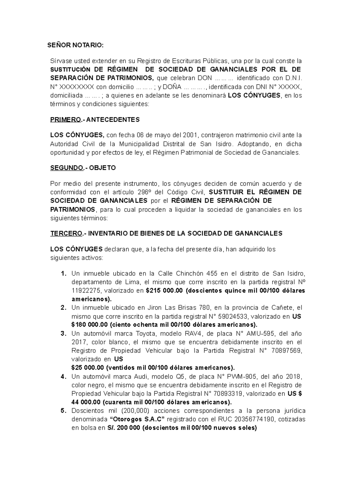 Minuta separación de patrimonios - SE七̀OR NOTARIO: S椃Ārvase usted ...