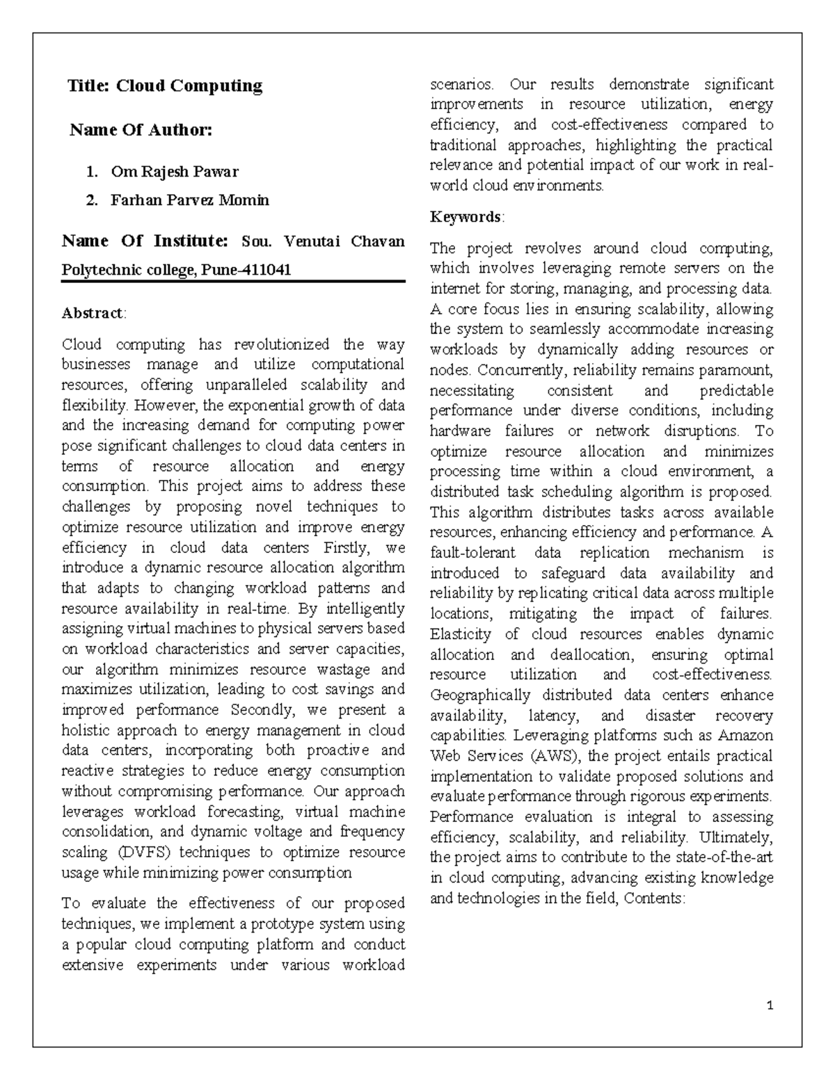 Cloud Computing Techinical Paper - Title: Cloud Computing Name Of Author: 1. Om Rajesh Pawar 2 ...