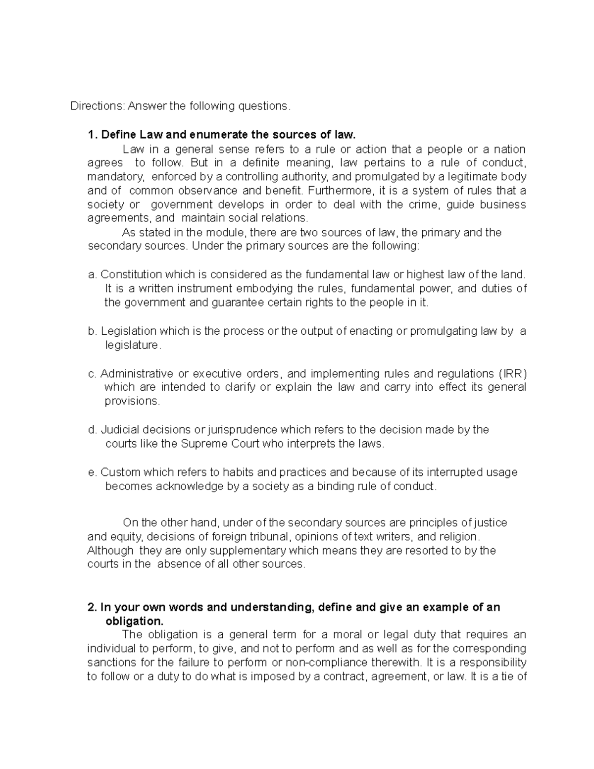 Law 201 Activity Directions Answer The Following Questions Define