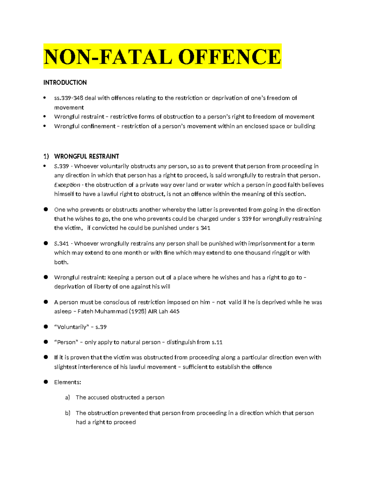 Outlines- Nonfatal - hope it helps - NON-FATAL OFFENCE INTRODUCTION ss ...