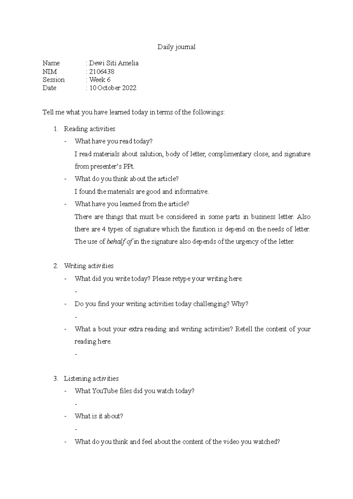 Daily journal at English Course to reflect student's understanding ...