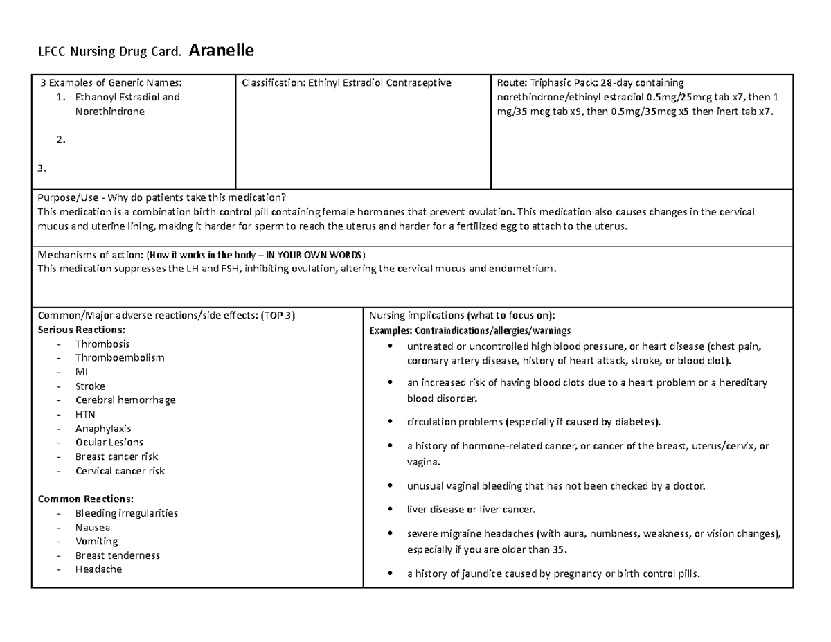 Aranelle - drug - LFCC Nursing Drug Card. Aranelle 3 Examples of ...