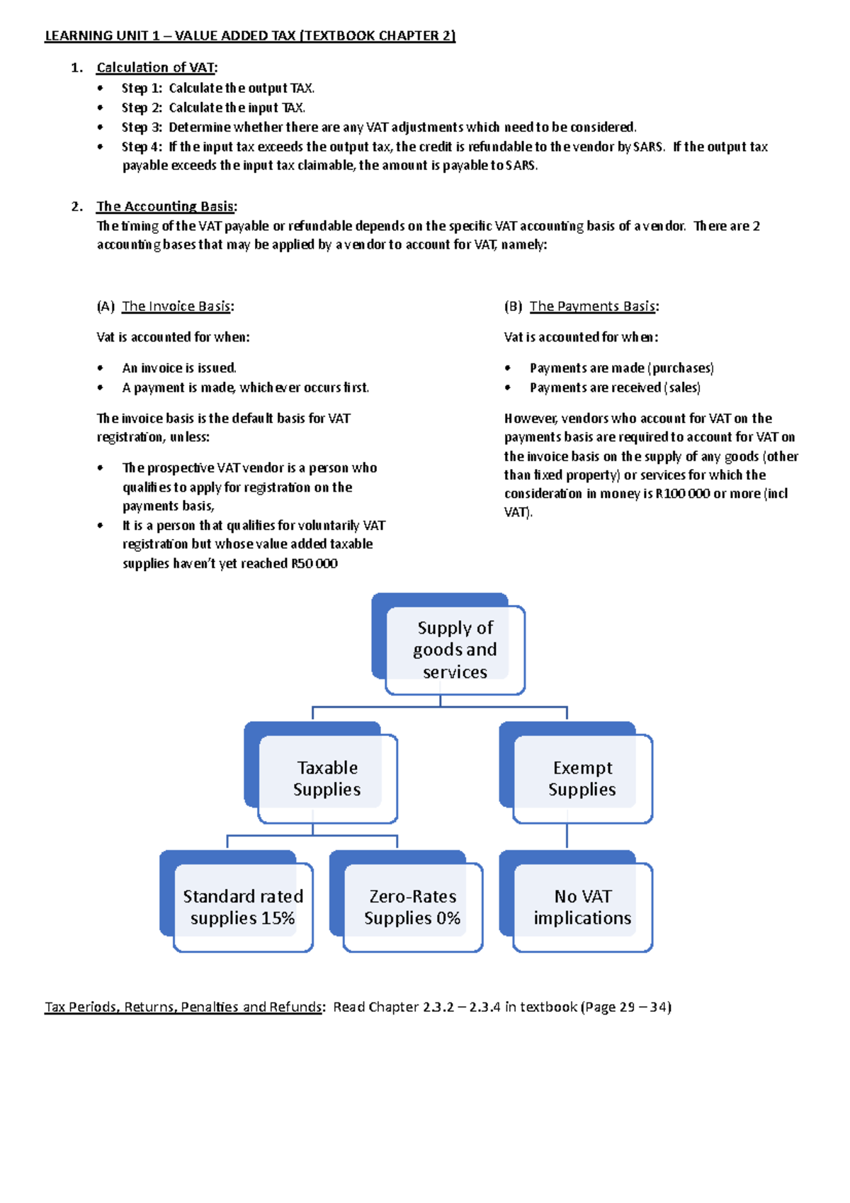 TAX 3761 Learning UNIT 1 Summary (VAT) - LEARNING UNIT 1 – VALUE ADDED TAX (TEXTBOOK CHAPTER 2 ...