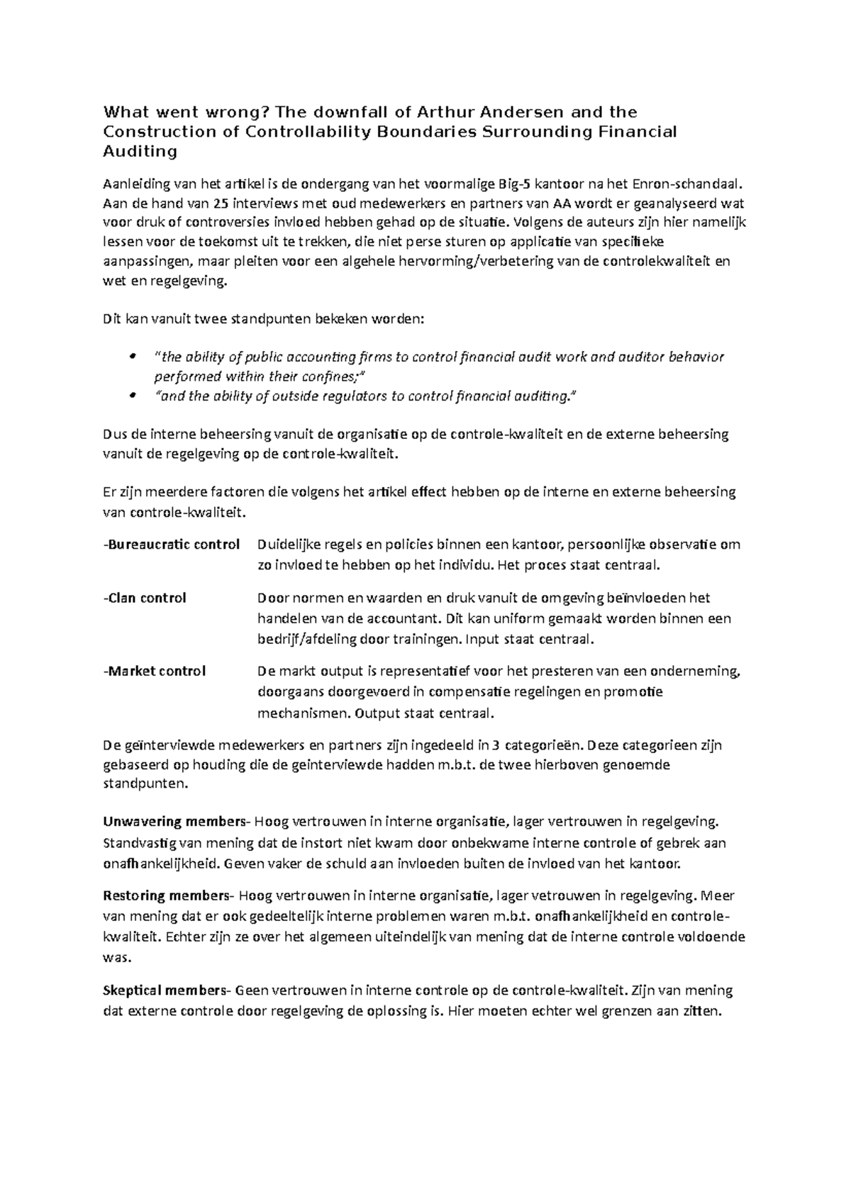 What went wrong? The downfall of Arthur Andersen by Gendron - What went ...