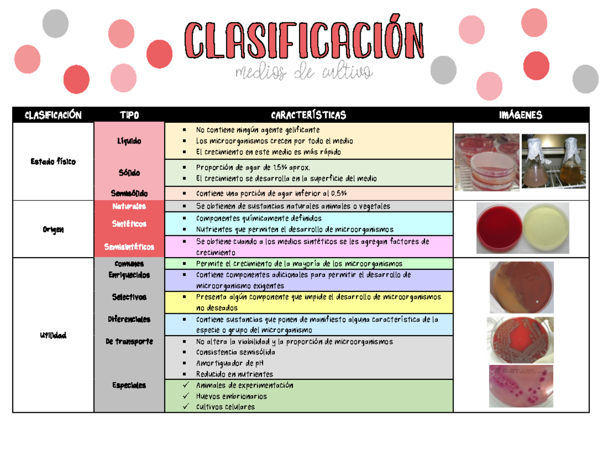 Clasificación DE LOS Medios DE Cultivo - CLASIFICACIÓN TIPO CARACTERÍSTICAS IMÁGENES Estado ...