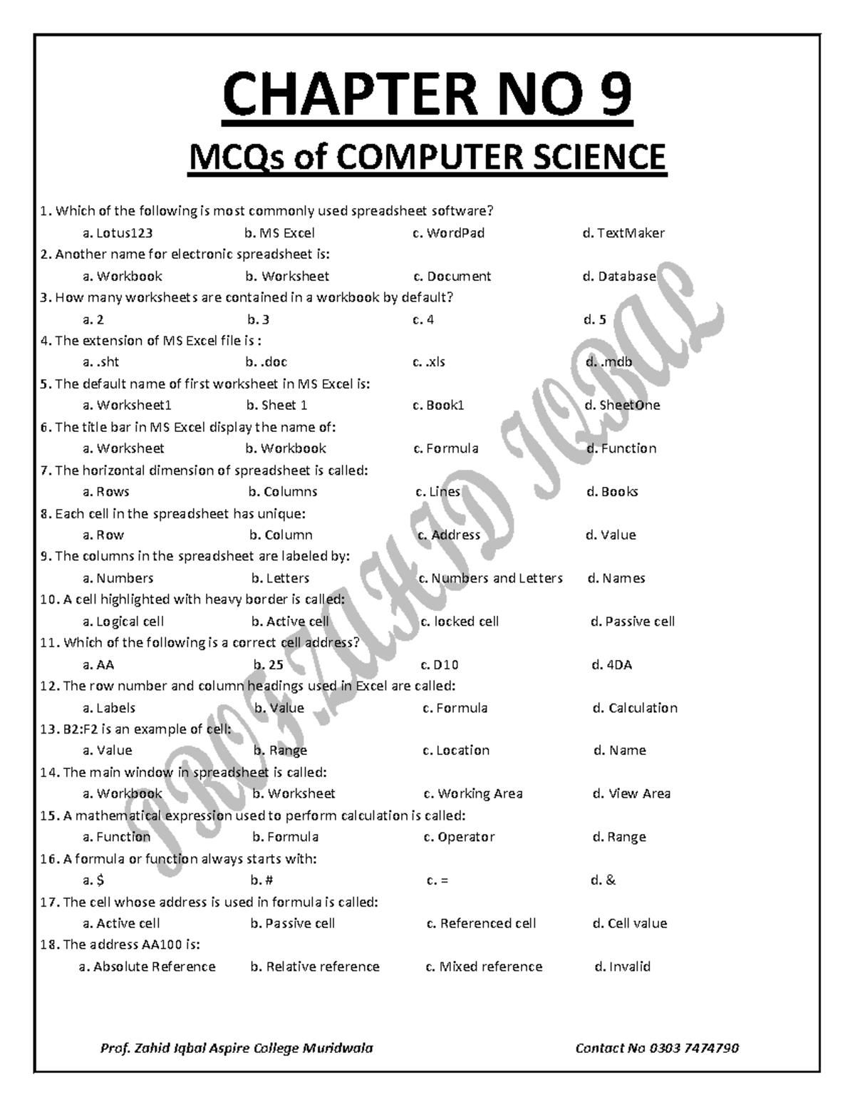 Chapter NO 9 - CHAPTER NO 9 Prof. Zahid Iqbal Aspire College Muridwala Contact No 0303 7474790 ...
