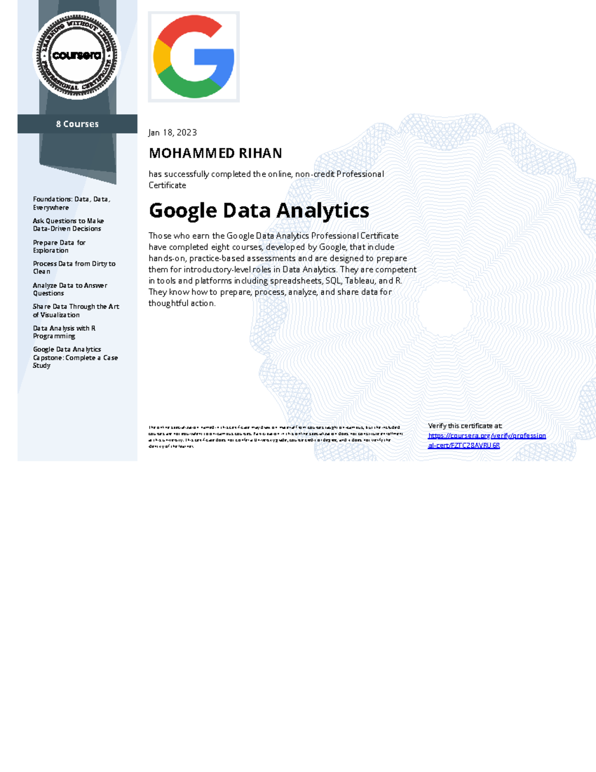 Coursera certificate - .... - 8 Courses Foundations: Data, Data ...