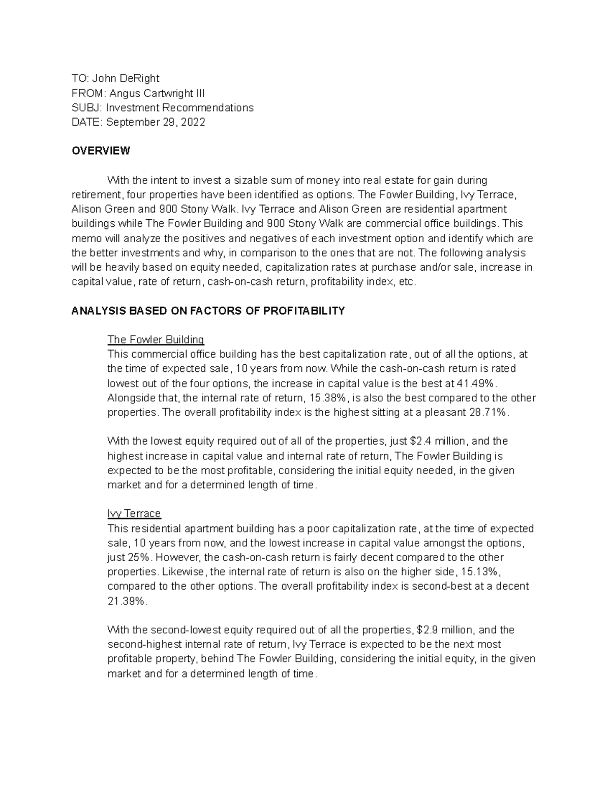 MRE 615 Real Estate Finance and Investment Assignment 1 09 - TO: John ...