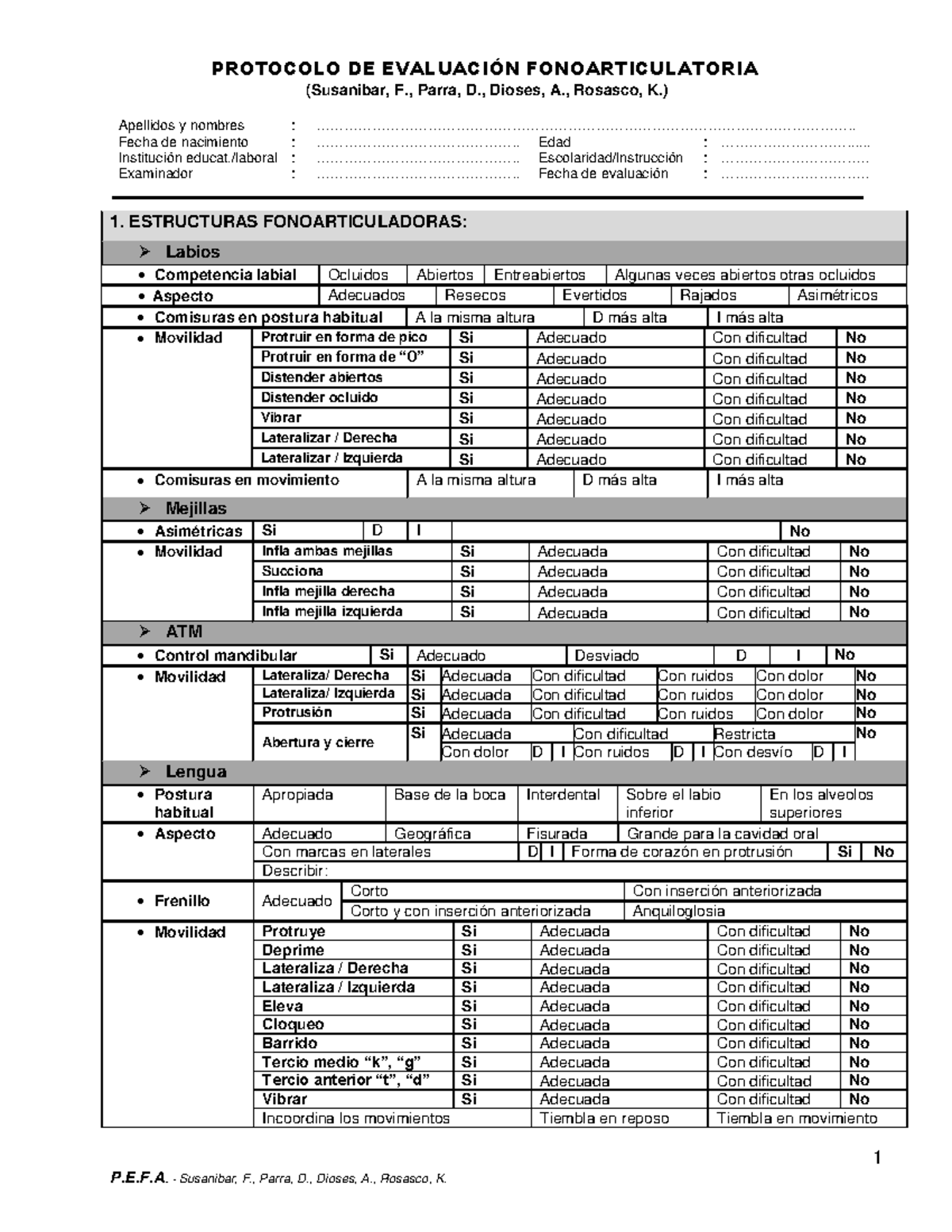 Protocolo DE Evaluaciã N Fonoarticulatoria (P.E.F - 1 PROTOCOLO DE ...