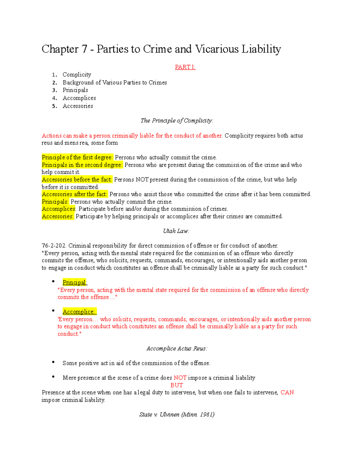 CJ Notes 1330 chap 7 - Chapter 7 1330 - Chapter 7 - Parties to Crime ...