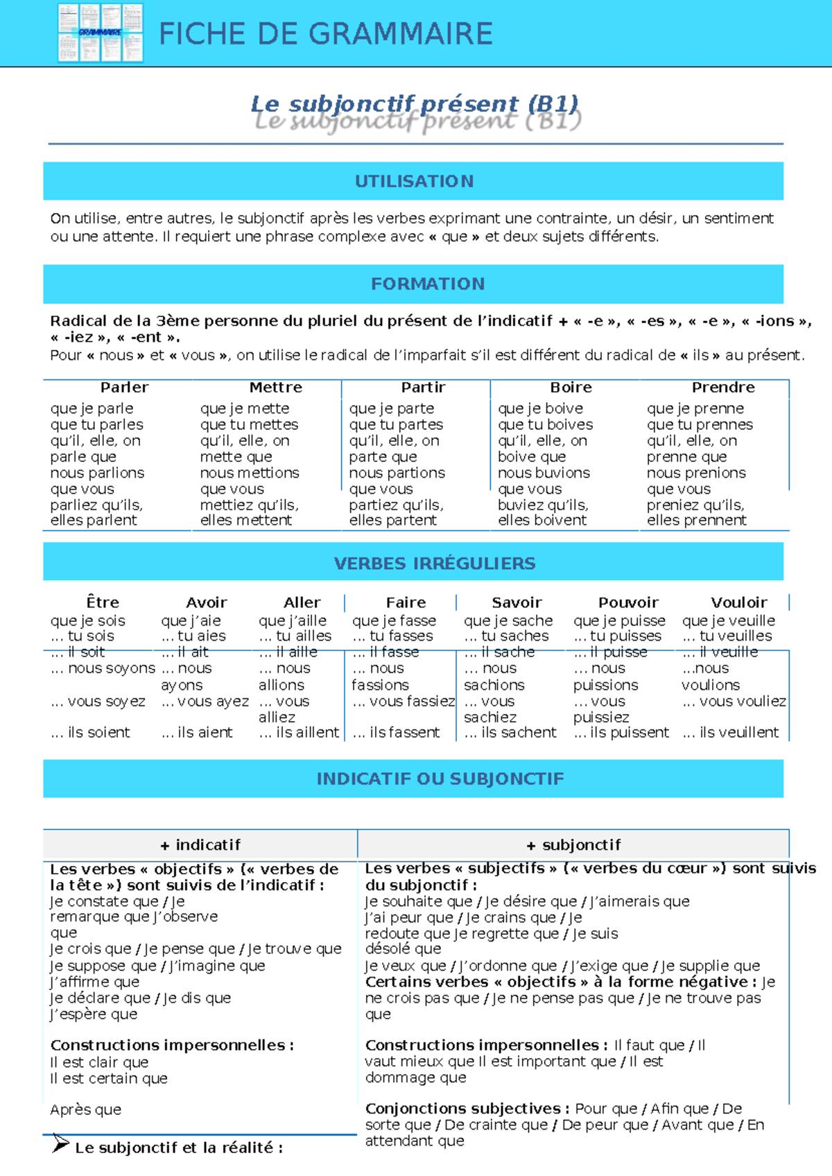 B1 grammaire subjonctif-present - FICHE DE GRAMMAIRE Le subjonctif présent (B1) UTILISATION On ...